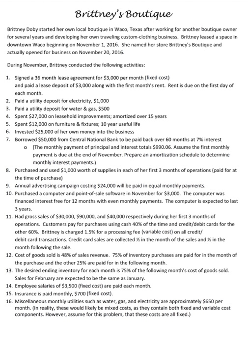 Solved Brittney's Boutique Brittney Doby started her own | Chegg.com