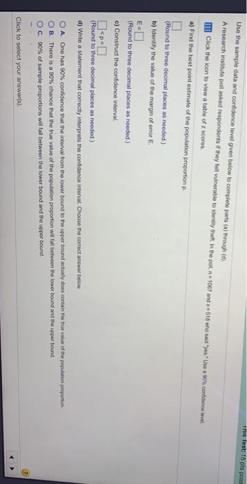 Solved in Test: 15 pts poss Use the sample data and | Chegg.com