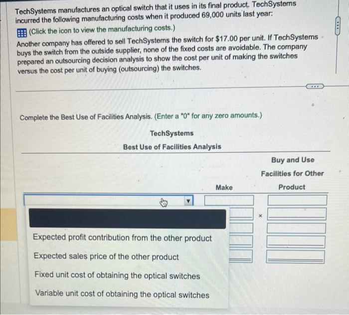Solved TechSystems manufactures an optical switch that it | Chegg.com