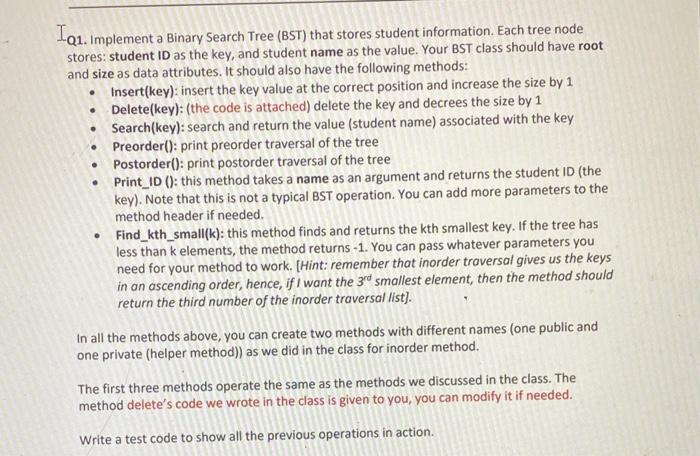 Solved IQ1. Implement a Binary Search Tree (BST) that stores | Chegg.com
