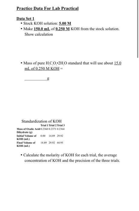 Solved Practice Data For Lab Practical Data Set 1 Stock KOH | Chegg.com