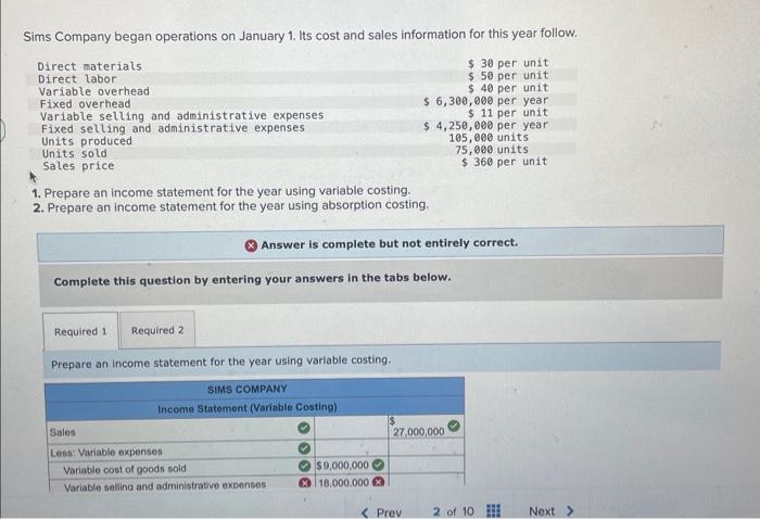 Solved Sims Company began operations on January 1. Its cost | Chegg.com