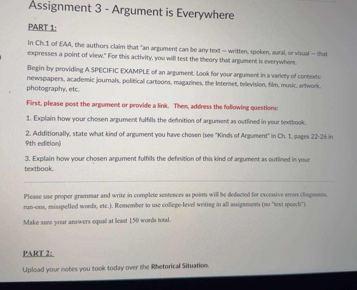 Solved Assignment 3 - ﻿Argument is EverywherePART 1:In Ch. 1 | Chegg.com
