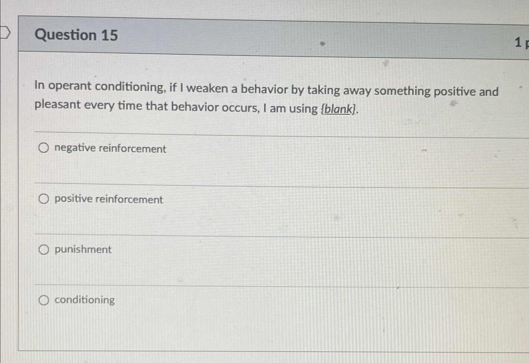 Solved Question 15In operant conditioning, if I weaken a | Chegg.com