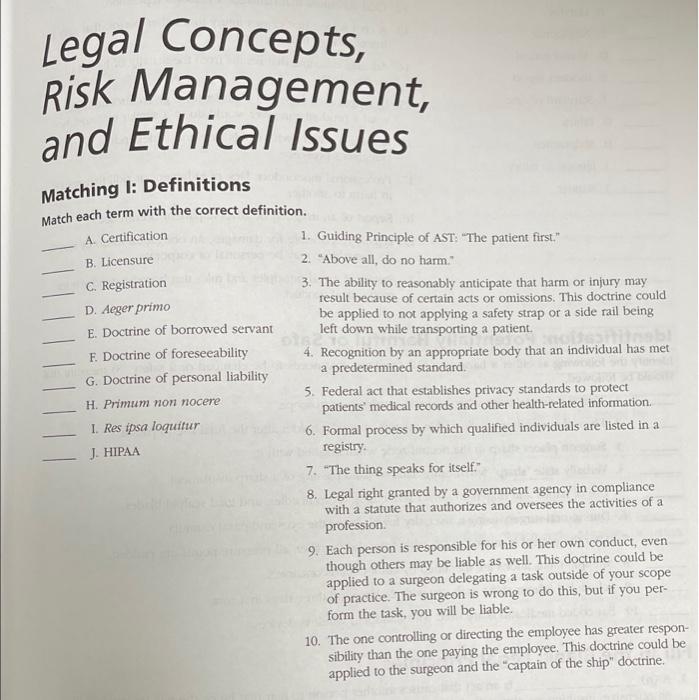 Solved Legal Concepts, Risk Management, and Ethical Issues | Chegg.com