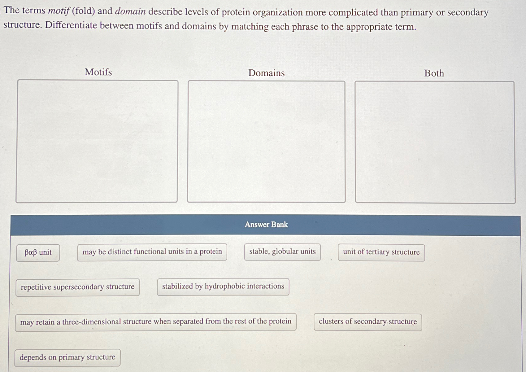 Solved The terms motif (fold) ﻿and domain describe levels of | Chegg.com