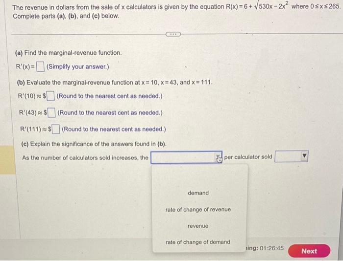 Solved The revenue in dollars from the sale of x calculators | Chegg.com