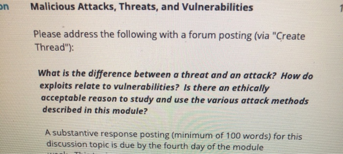 Solved on Malicious Attacks, Threats, and Vulnerabilities | Chegg.com