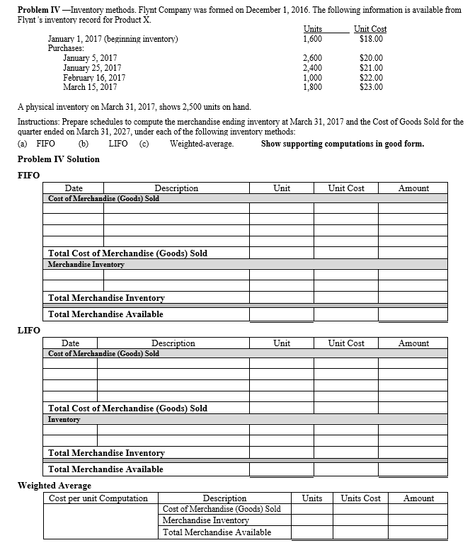 Solved Problem IV —Inventory methods. Flynt Company was | Chegg.com