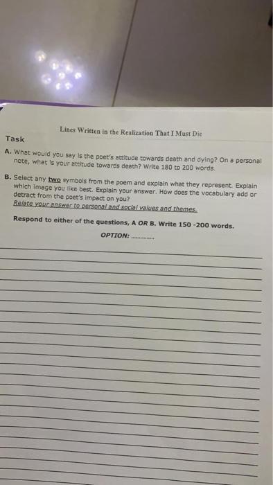 Lines Written in the Realization That I Must Die Task | Chegg.com