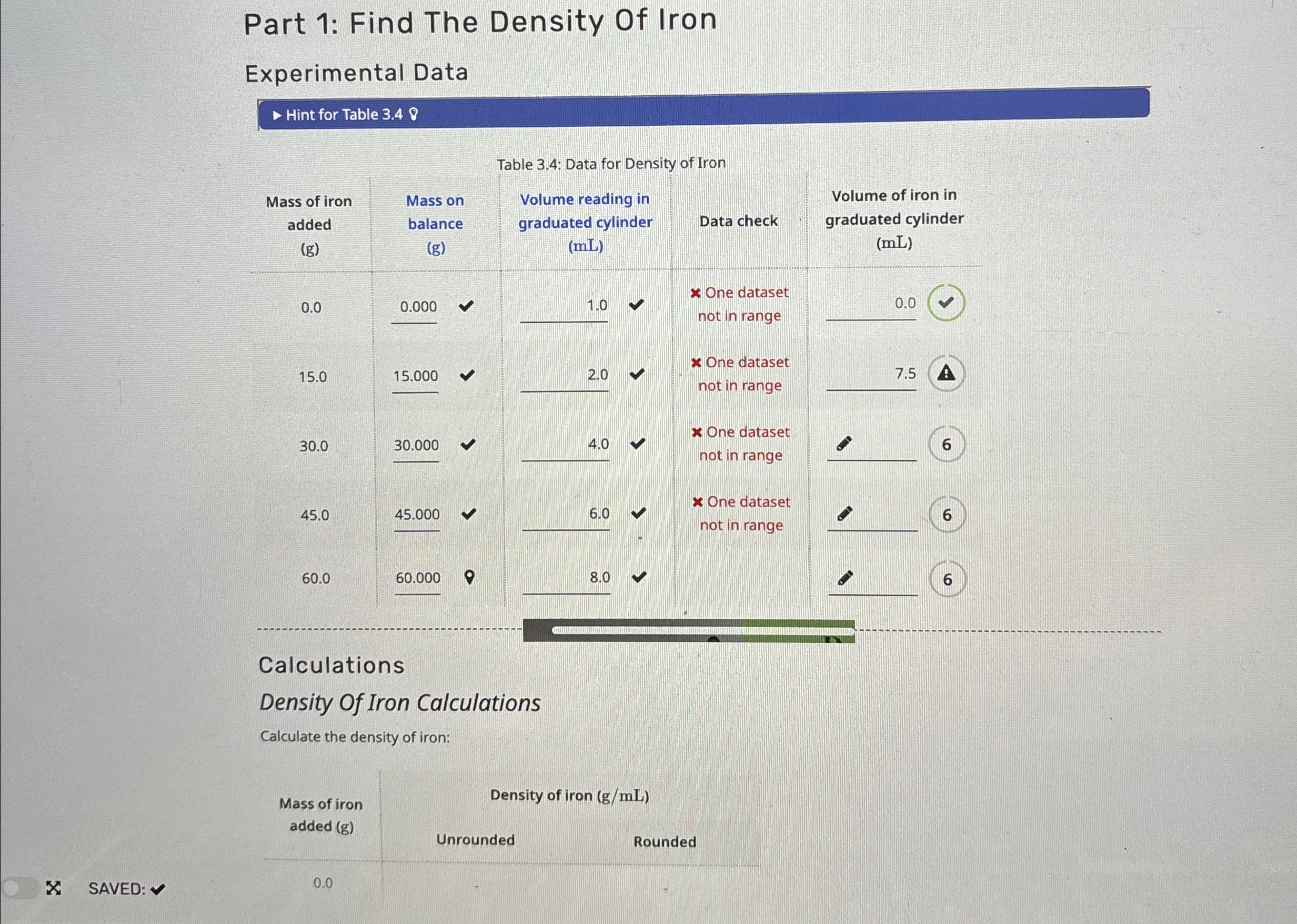 Solved Part 1: Find The Density Of IronExperimental DataHint | Chegg.com