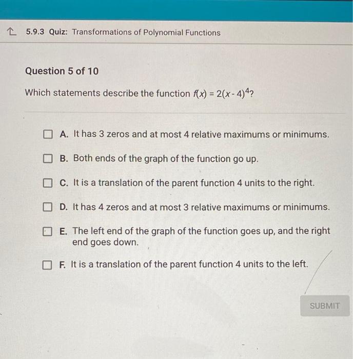 Solved 15.9.3 Quiz: Transformations of Polynomial Functions | Chegg.com