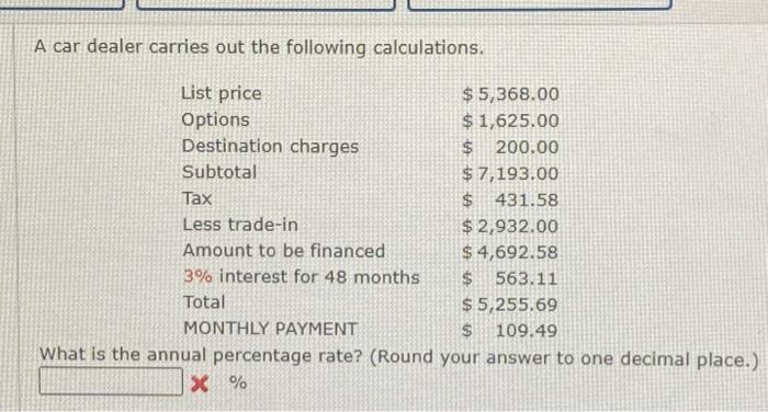 Solved A car dealer carries out the following calculations. | Chegg.com