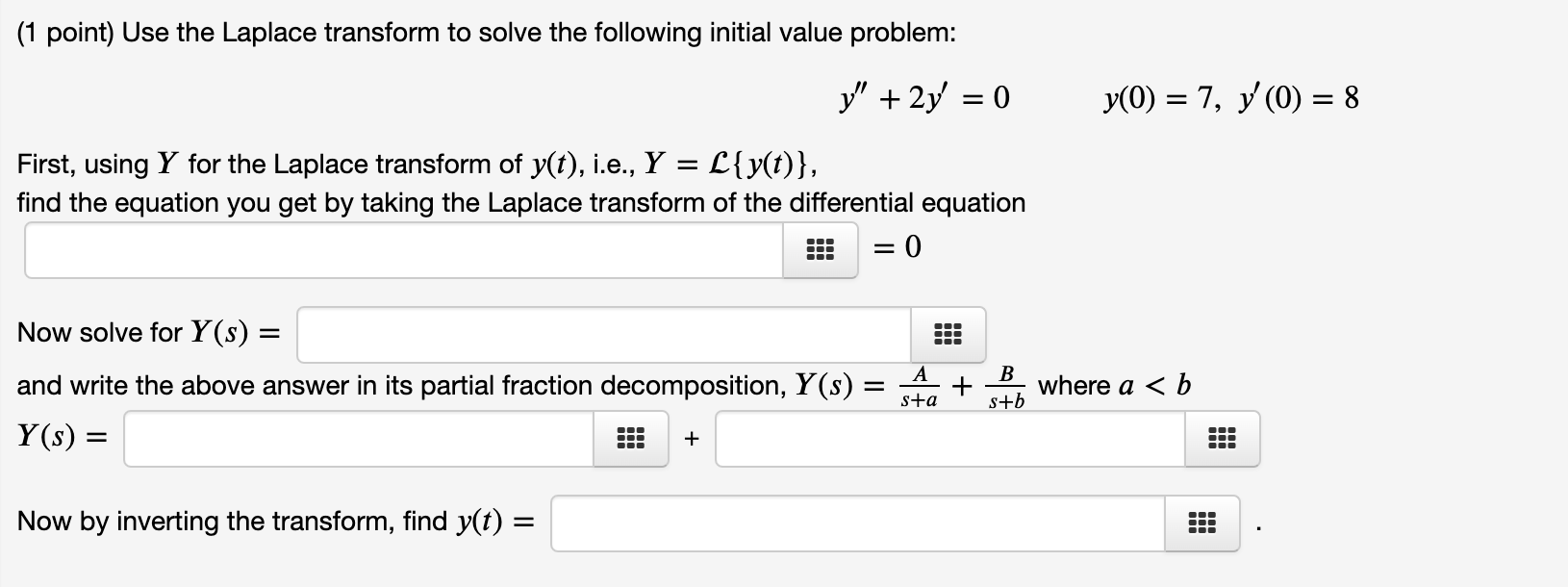 Solved (1 ﻿point) ﻿Use the Laplace transform to solve the | Chegg.com