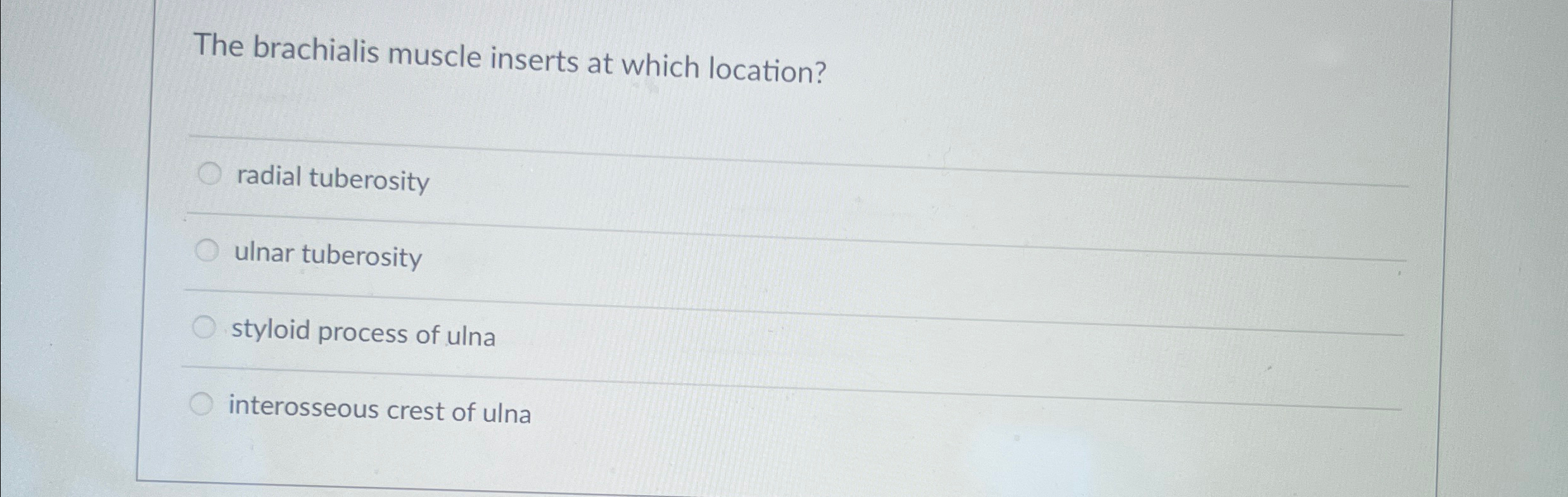 Solved The brachialis muscle inserts at which | Chegg.com