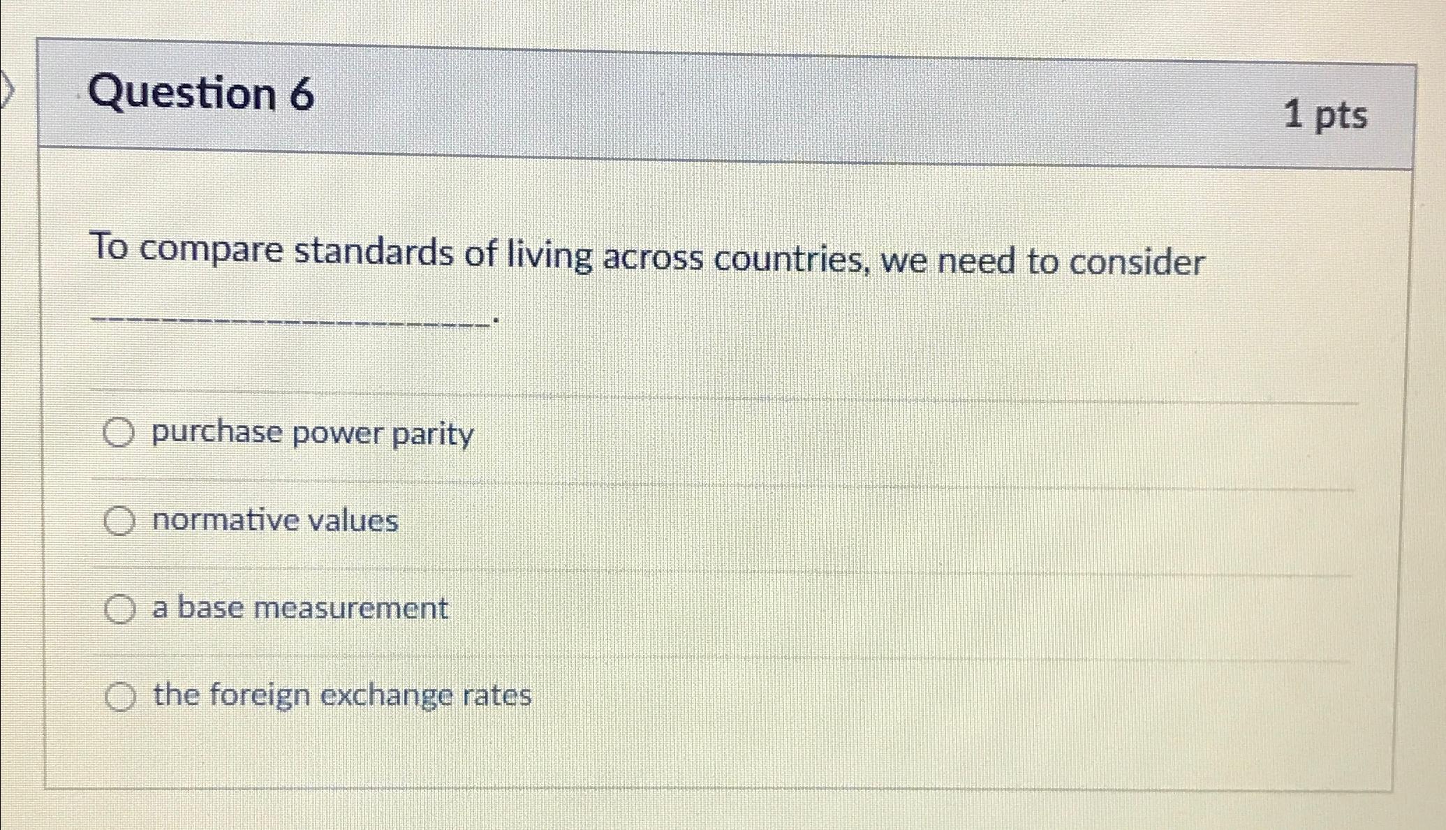 Solved Question 61ptsTo compare standards of living across | Chegg.com