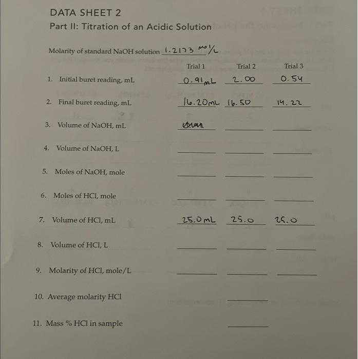 DATA SHEET 2 Part II: Titration of an Acidic Solution | Chegg.com