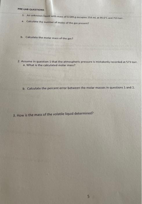 Solved PRE-LAB QUESTIONS 1. An unknown liquid with mass of | Chegg.com