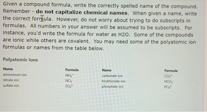 Solved Given a compound formula, write the correctly spelled | Chegg.com