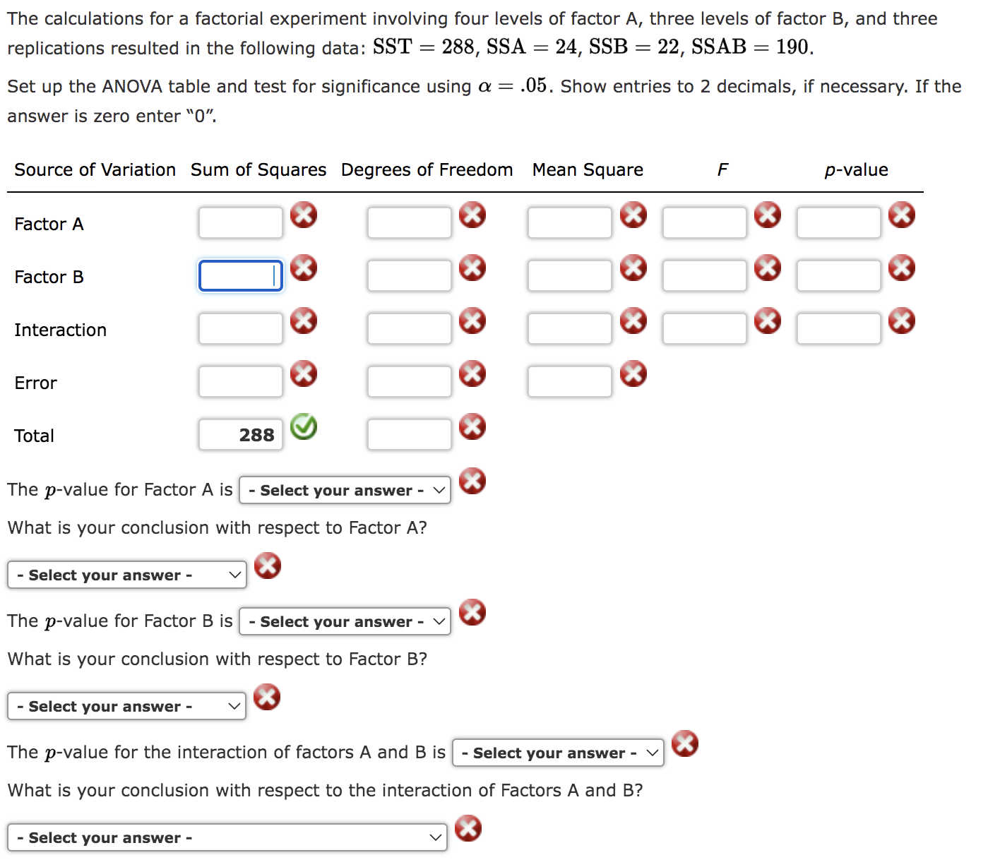 Solved The calculations for a factorial experiment involving | Chegg.com