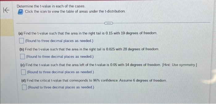 Solved Determine the t-value in each of the cases. Click the | Chegg.com