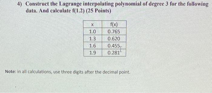 Solved 4) Construct the Lagrange interpolating polynomial of | Chegg.com