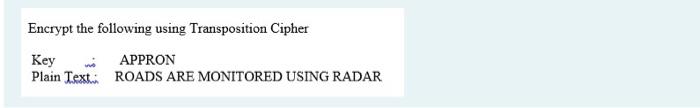 Solved Encrypt the following using Transposition Cipher Key | Chegg.com