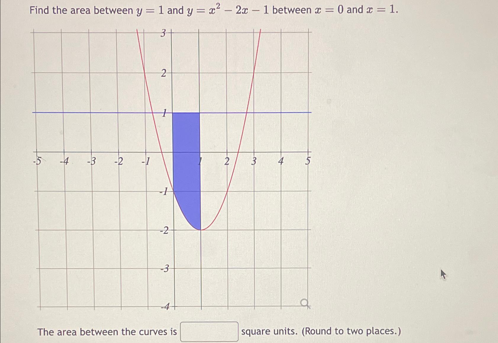 Find the area between y=1 ﻿and y=x2-2x-1 ﻿between x=0 | Chegg.com