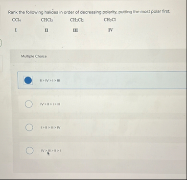 Solved Rank the following halides in order of decreasing | Chegg.com