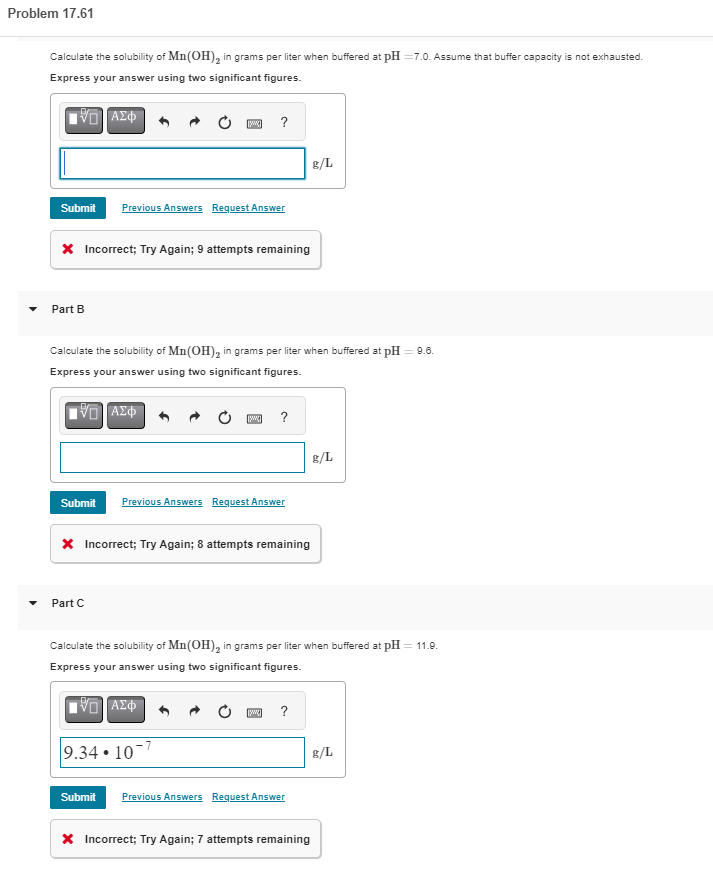 Solved Problem 17.61Calculate the solubility of Mn(OH)2 ﻿in | Chegg.com
