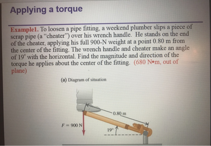 Solved Applying a torque Example1. To loosen a pipe fitting, | Chegg.com