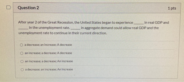 Solved Question 2 1 pts After year 2 of the Great Recession, | Chegg.com