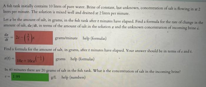 Solved A fish tank initially contains 10 liters of pure | Chegg.com