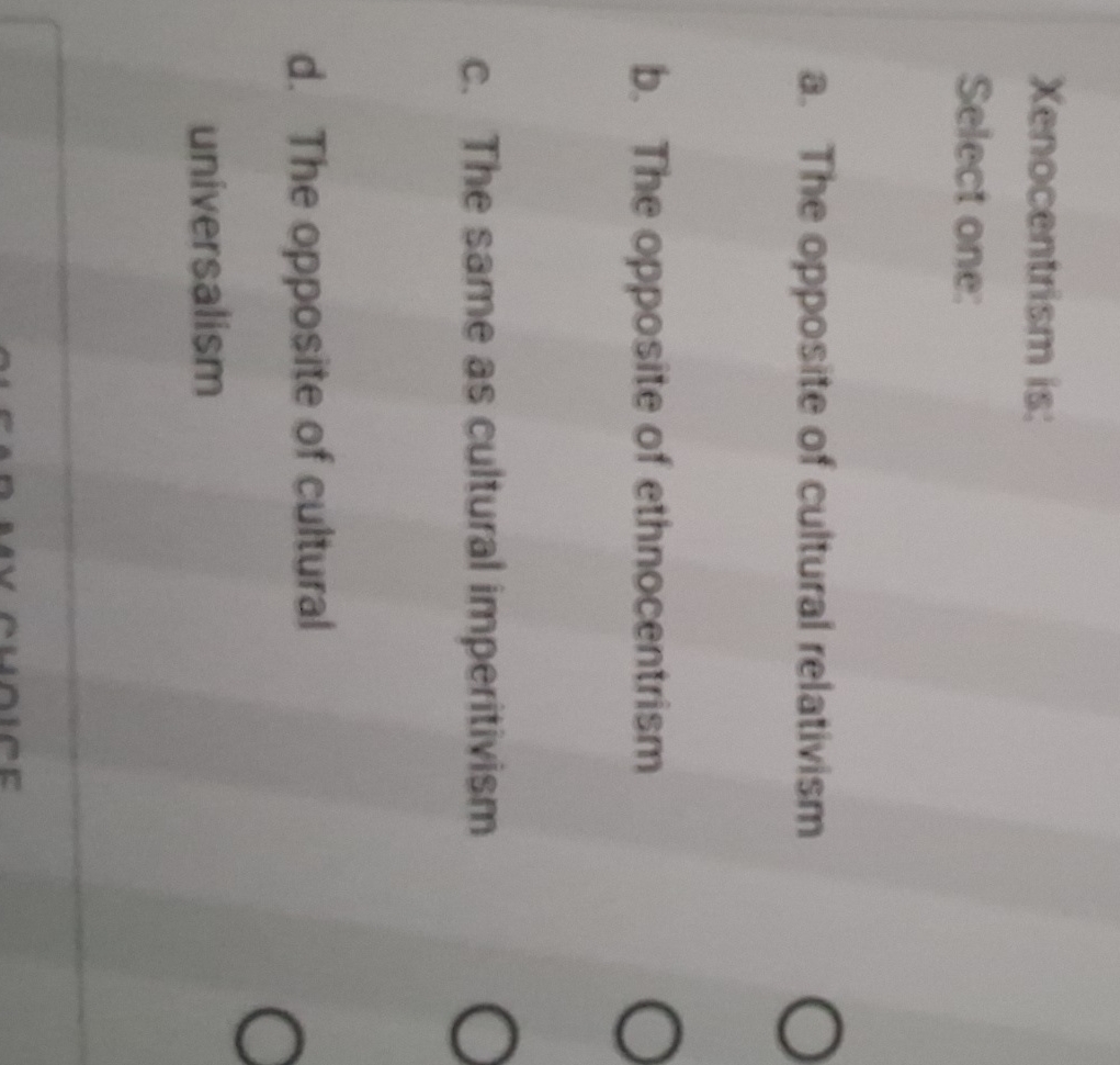 Solved Xenocentrism is:Select one:a. ﻿The opposite of | Chegg.com