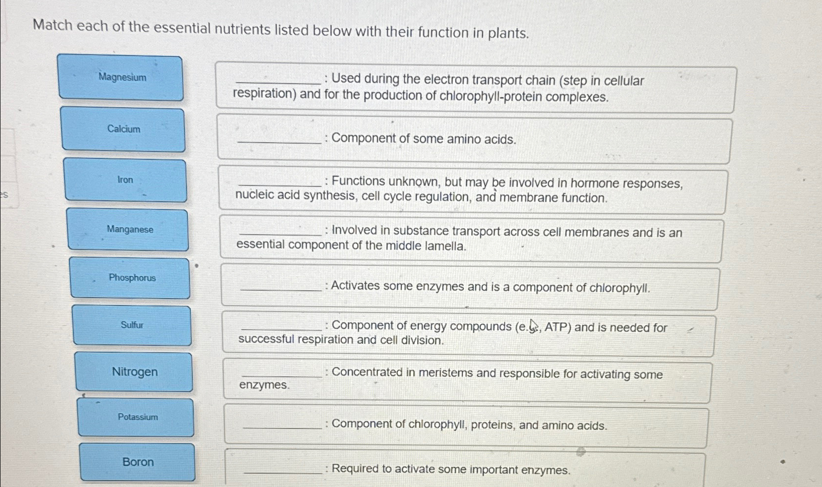 Solved Match each of the essential nutrients listed below | Chegg.com