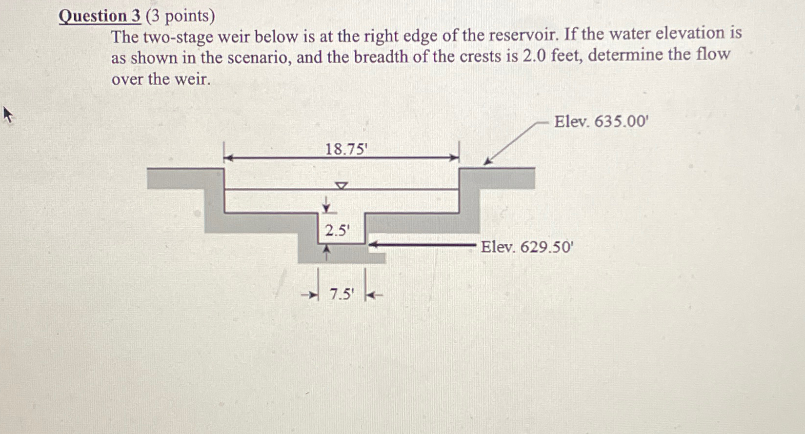 Solved Question 3 (3 ﻿points)The two-stage weir below is at | Chegg.com