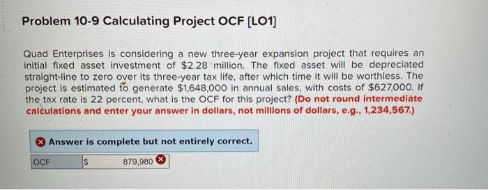 Solved Problem 10-9 Calculating Project OCF [LO1) Quad | Chegg.com