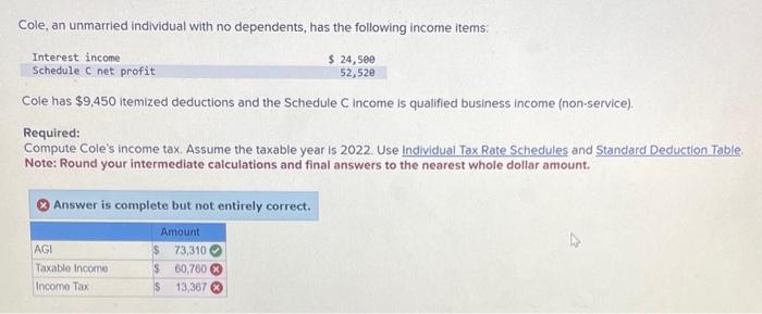 Solved Cole, an unmarried individual with no dependents, has | Chegg.com