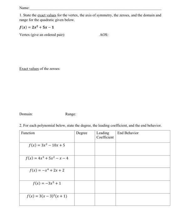 Solved Name: 1. State the exact values for the vertex, the | Chegg.com