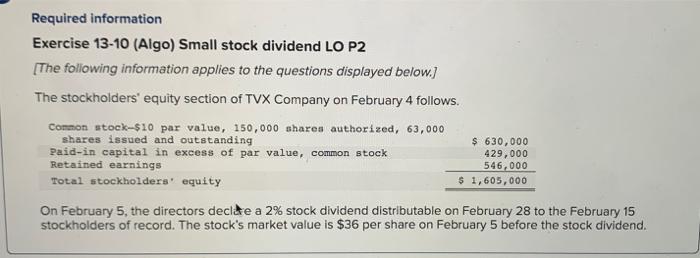 Solved Required information Exercise 13-10 (Algo) Small | Chegg.com