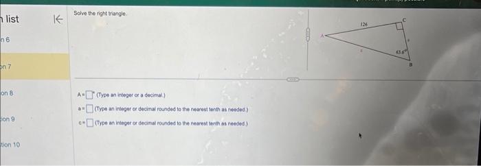 Solved Solve the right triangle. A= (Thpe an integer ora | Chegg.com