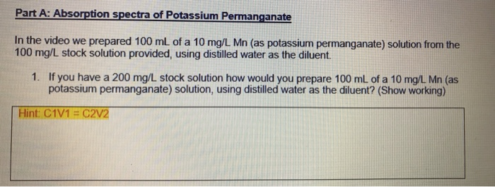 Solved Part A: Absorption spectra of Potassium Permanganate | Chegg.com