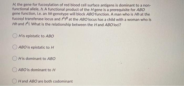 Solved H, the gene for fucosylation of red blood cell | Chegg.com