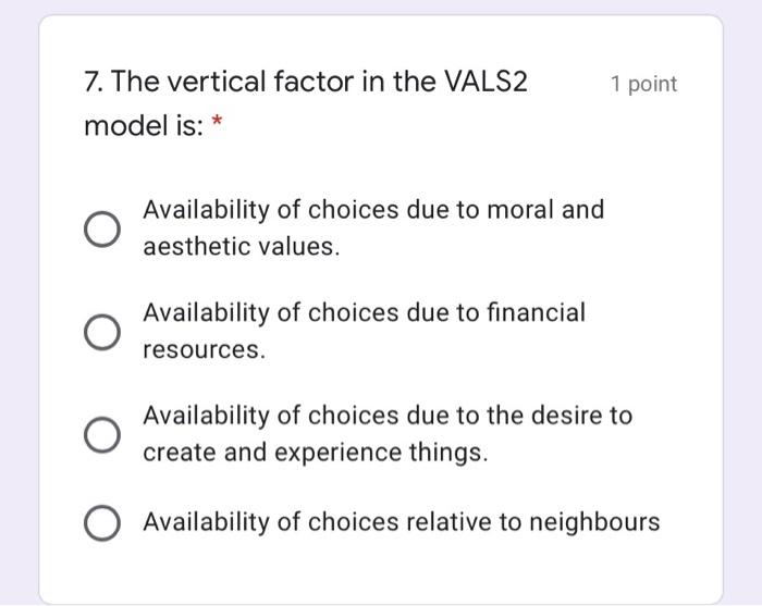 Solved 1 point 7. The vertical factor in the VALS2 model is: | Chegg.com