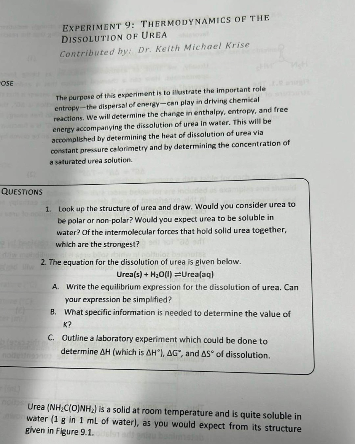 Solved EXPERIMENT 9: THERMODYNAMICS OF THEDISSOLUTION OF | Chegg.com