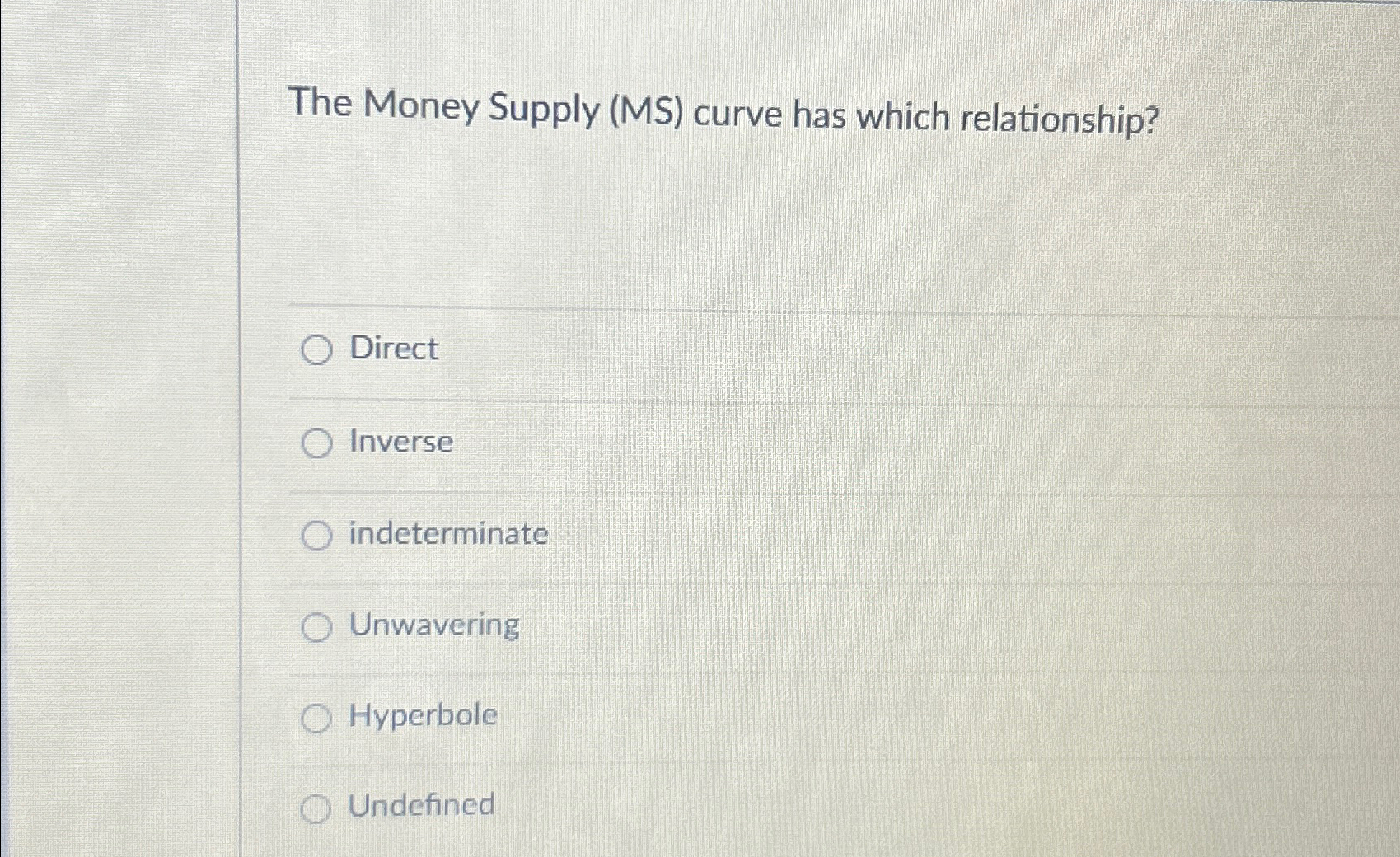 Solved The Money Supply (MS) ﻿curve has which | Chegg.com