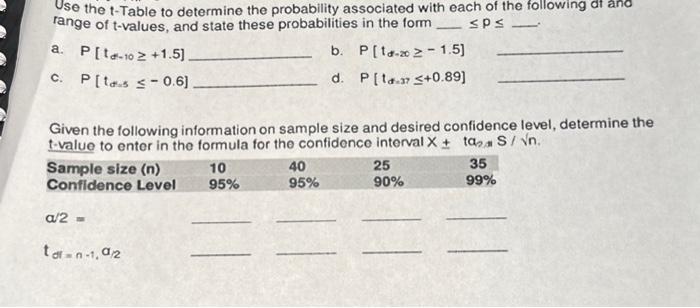 Solved Use the t-Table to determine the probability | Chegg.com