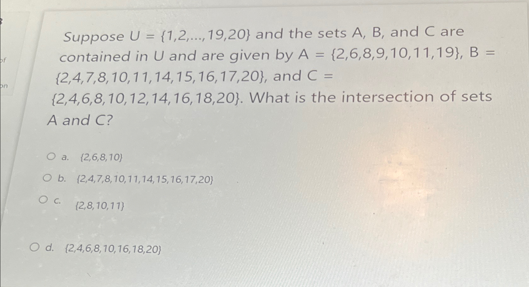 Solved Suppose U={1,2,dots,19,20} ﻿and the sets A,B, ﻿and C | Chegg.com