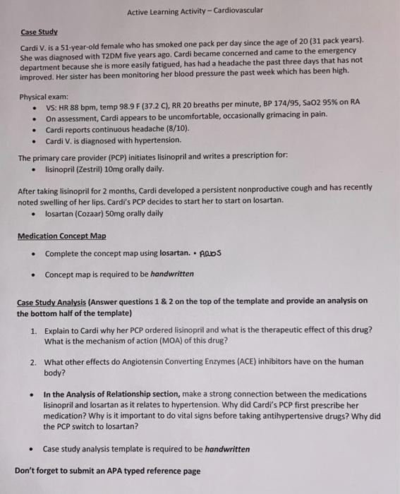 Active Learning Activity - Cardiovascular Case Study | Chegg.com