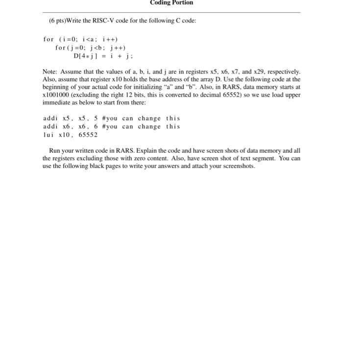Solved Coding Portion (6 pts) Write the RISC-V code for the | Chegg.com Solved Coding Portion (6 pts) Write the RISC-V code for the | Chegg.com